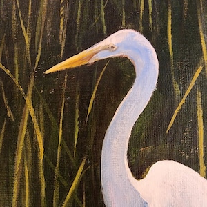 Egret in Marsh, Acrylic, Nature, Bird, Florida, Coastal, Green, Cream ...