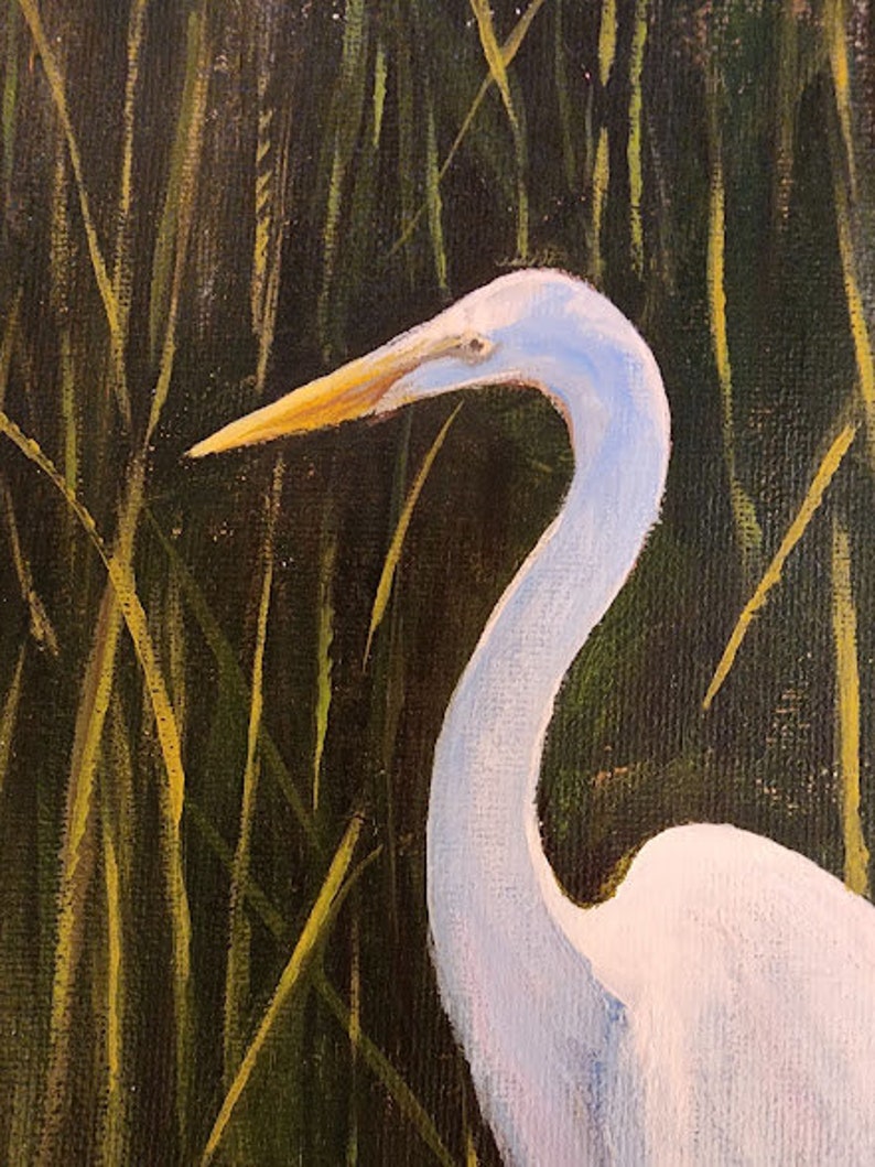 Egret in Marsh, Acrylic, Nature, Bird, Florida, Coastal, Green, Cream ...