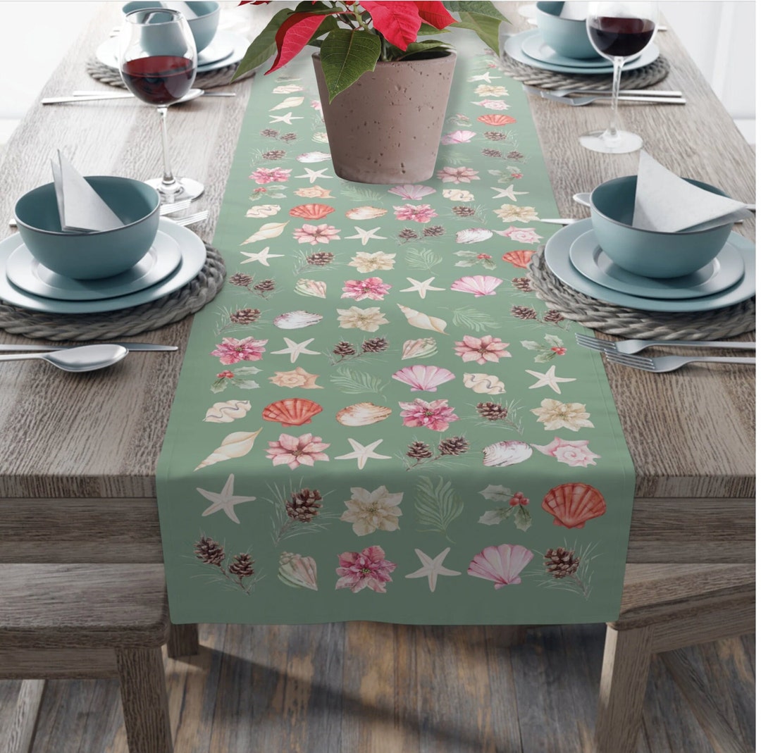 Seashells & Pinecones Winter Coastal Table Runner Shells Holly Palm ...