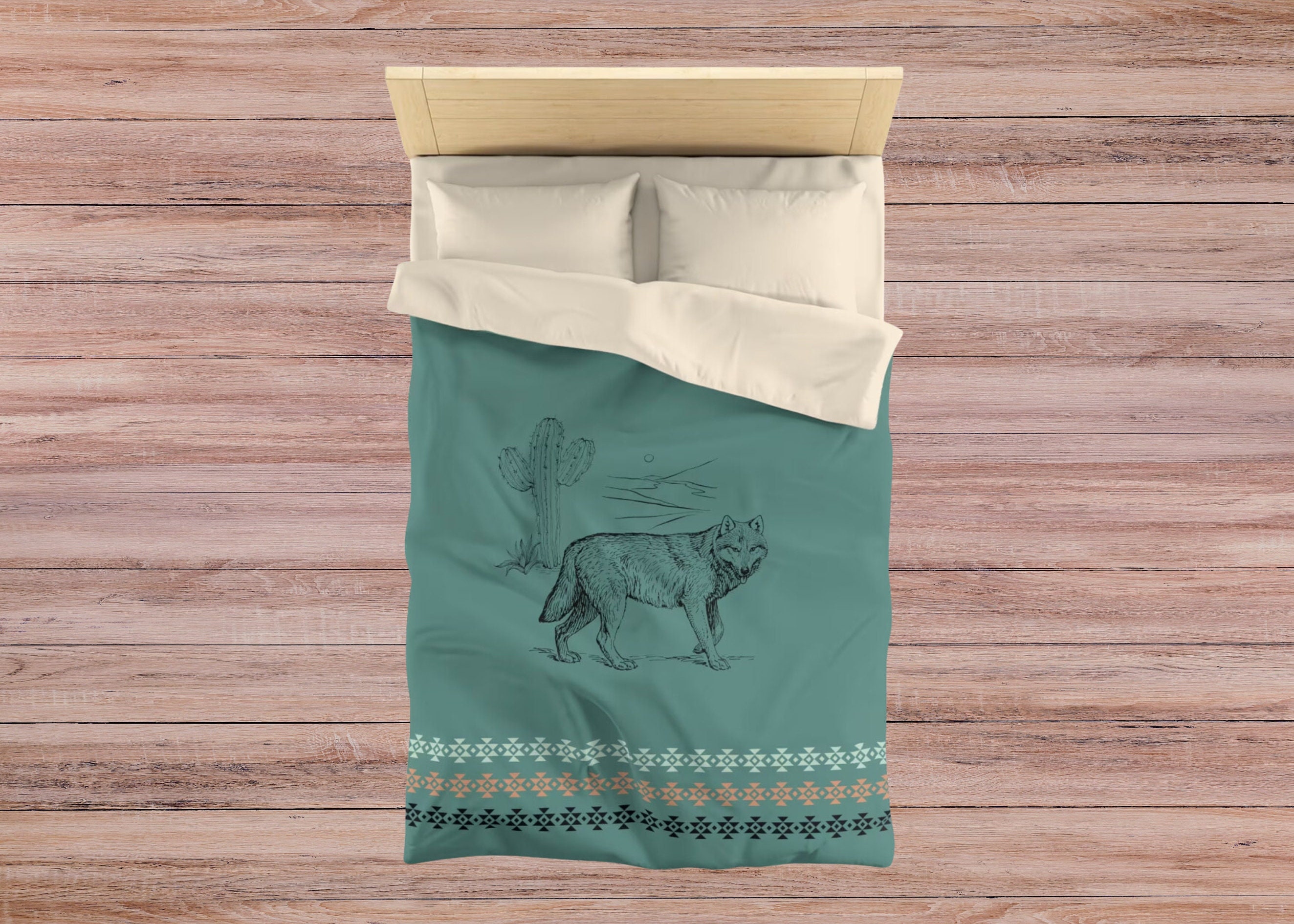 Desert Wolf Duvet Cover Jade Green Comforter Cover Southwest Duvet ...