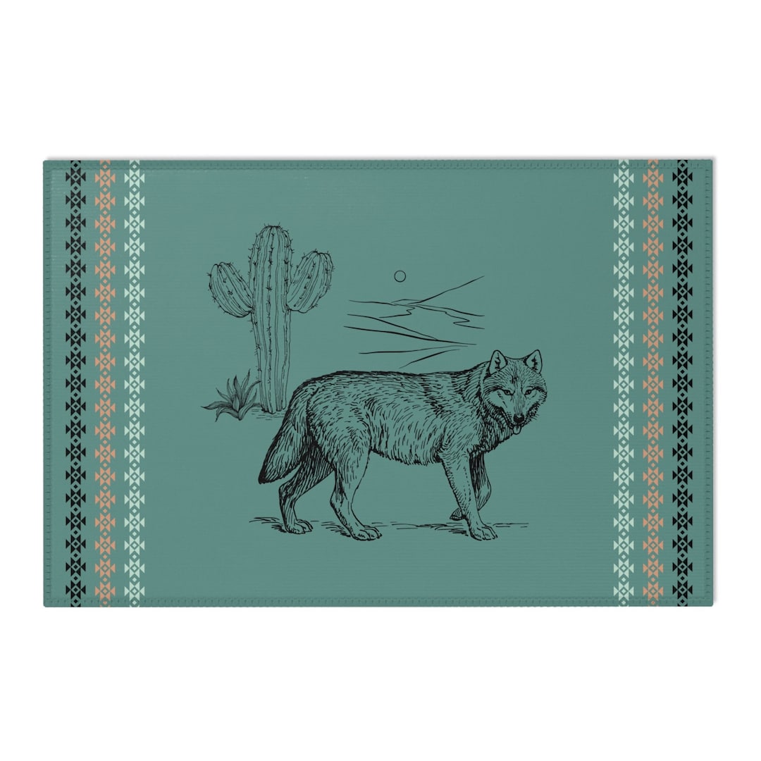 Desert Wolf Southwest Rug Jade Green Indoor Area Rug Mexico Rustic ...