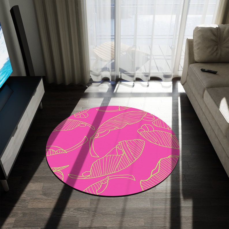 Jamboree Jungle Rug Neon Pink Leaves Round Rug Bubble Gum & Lime ...