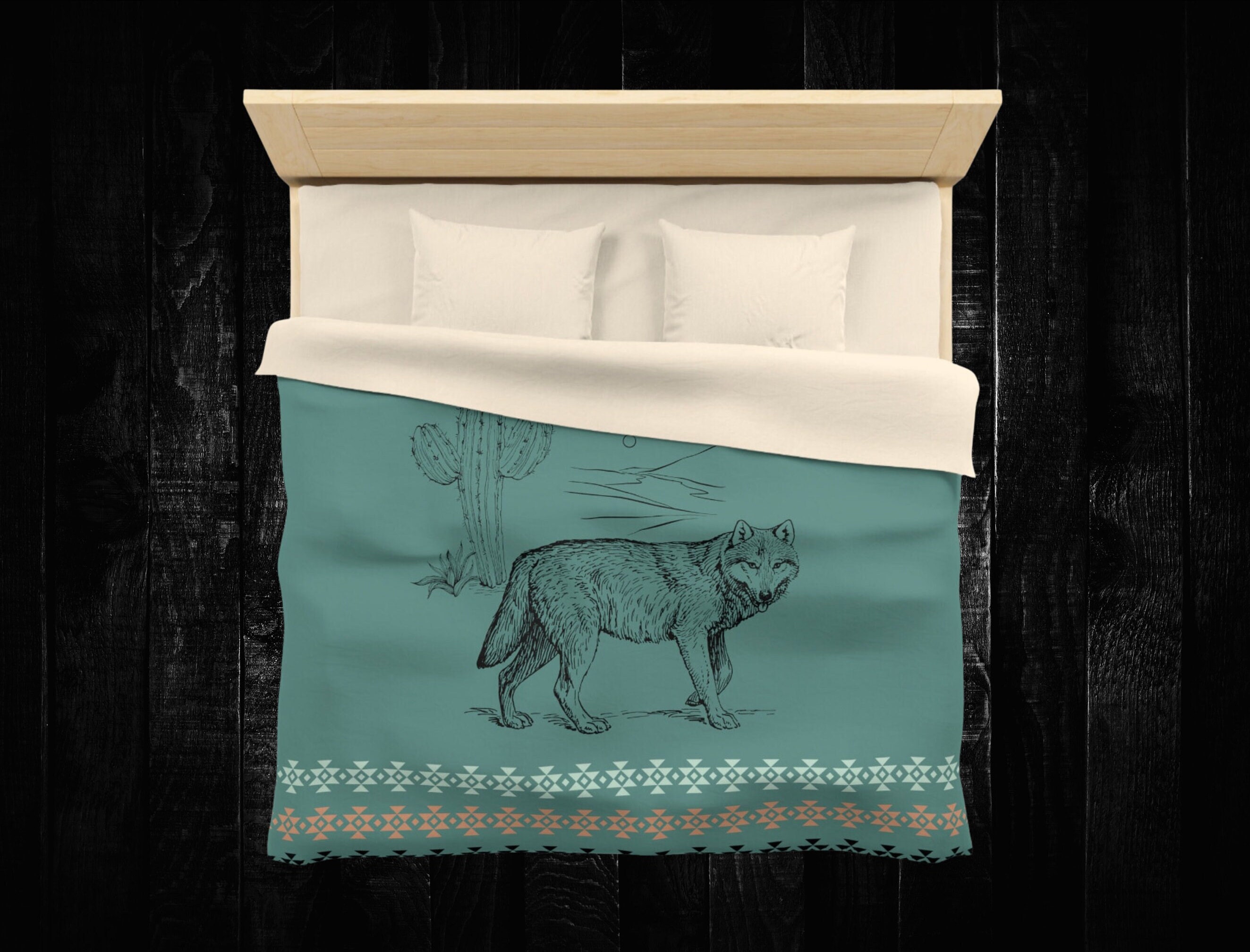 Desert Wolf Duvet Cover Jade Green Comforter Cover Southwest Duvet ...