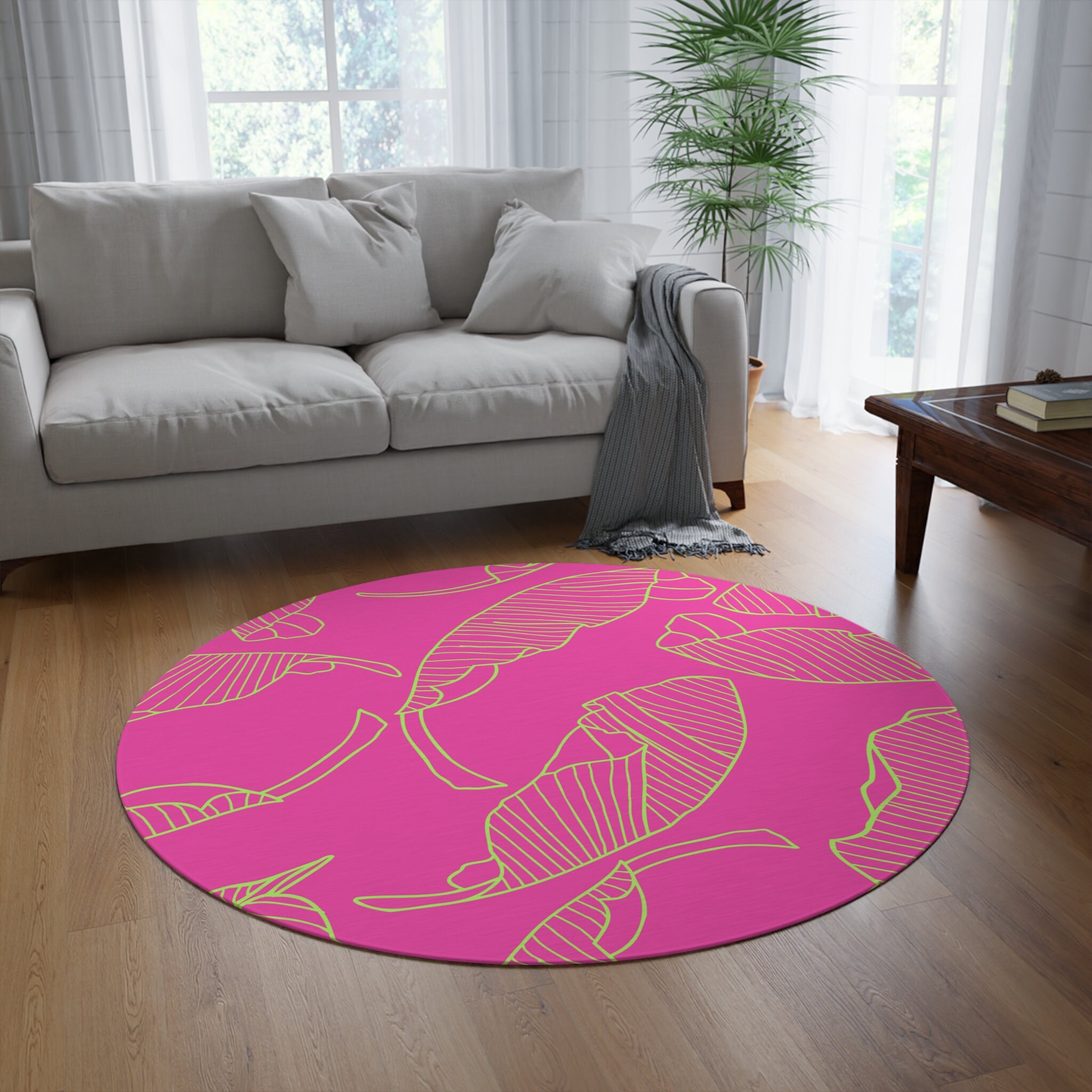 Jamboree Jungle Rug Neon Pink Leaves Round Rug Bubble Gum & Lime ...