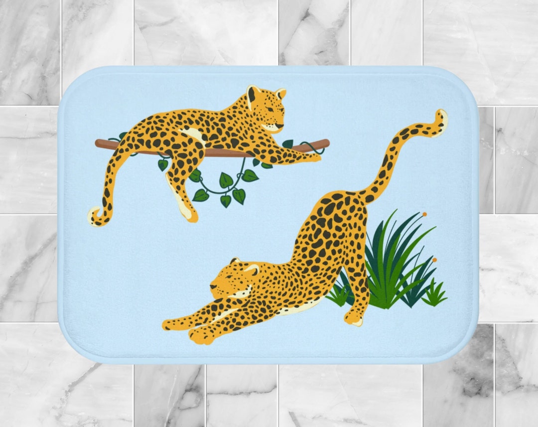 Lazy Leopards | Bath Mat | 2 Sizes | Light Baby Blue, Gold and Jungle ...