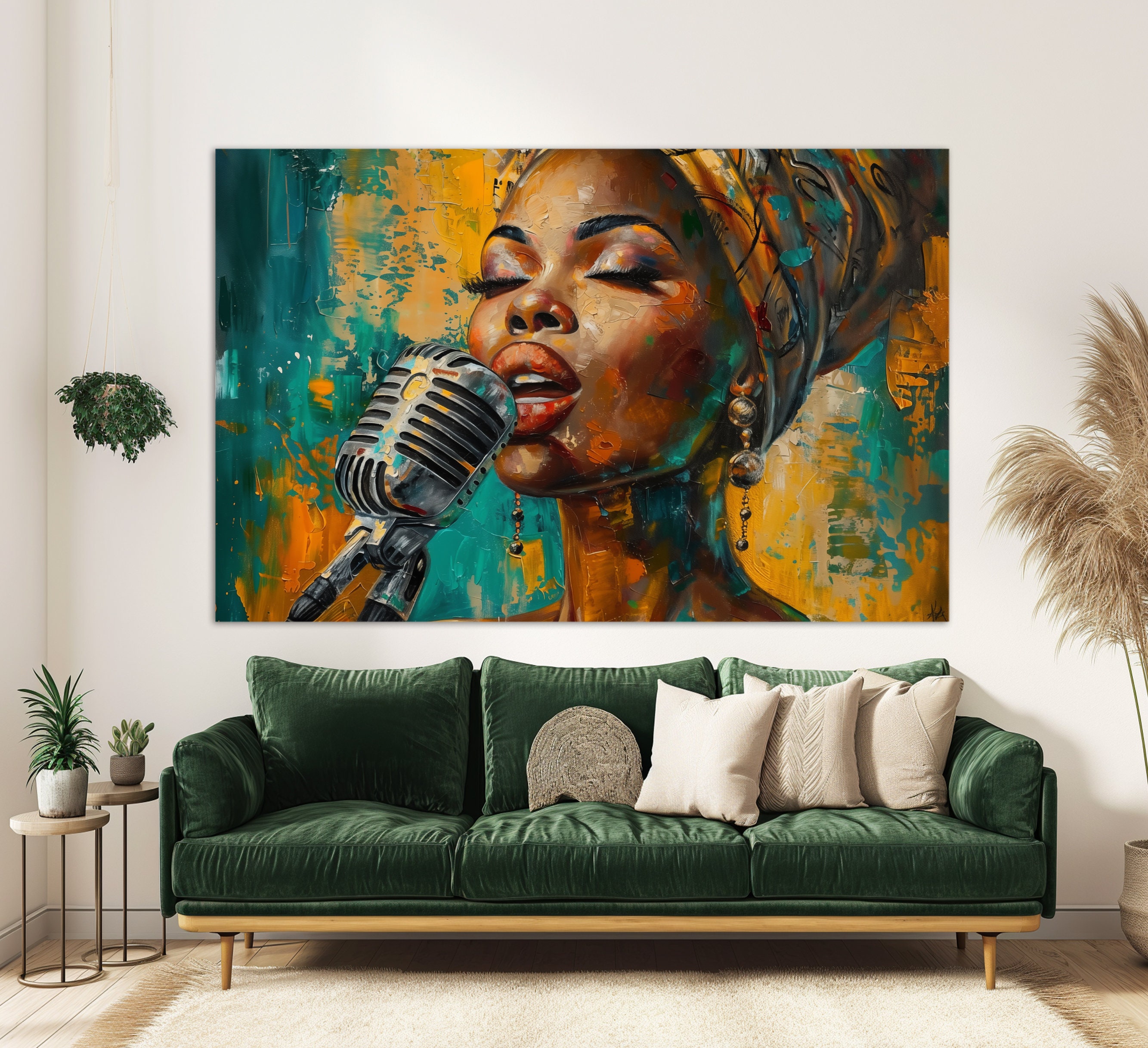 Beautiful African Jazz Singer Oil Painting Canvas Print, Black Woman ...