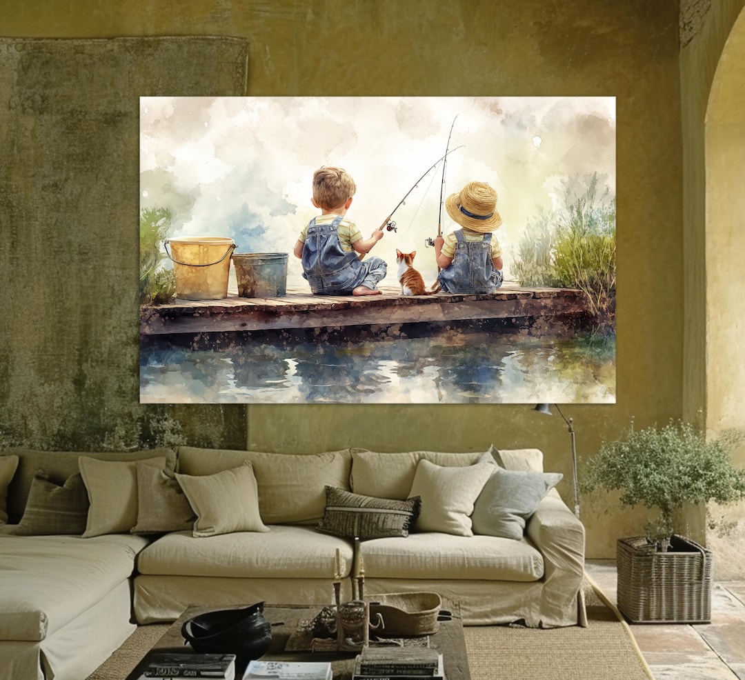 Cute Kids on the Fishery Painting, Fishing Canvas Print, Fishing ...
