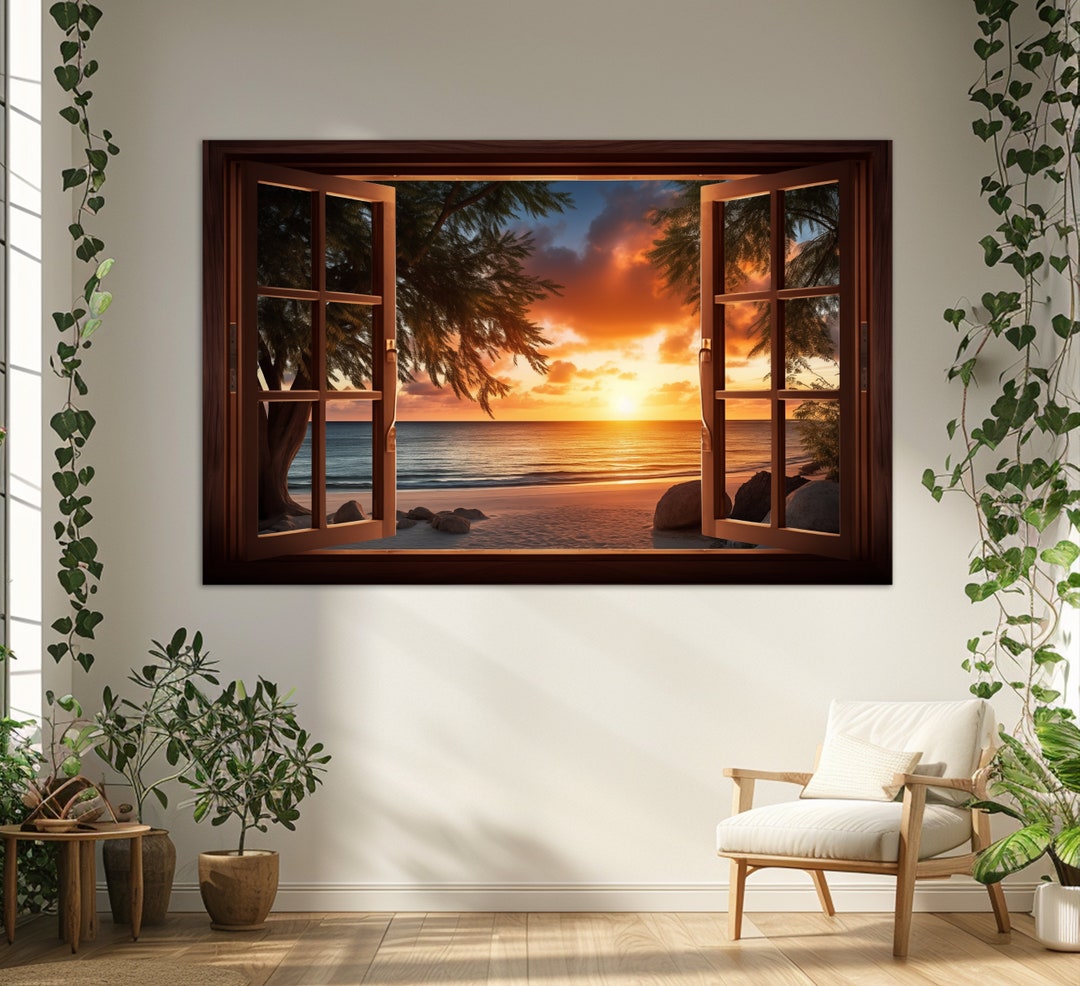Window to Stunning Sunset on the Beach Canvas Print, Open Window Wall ...