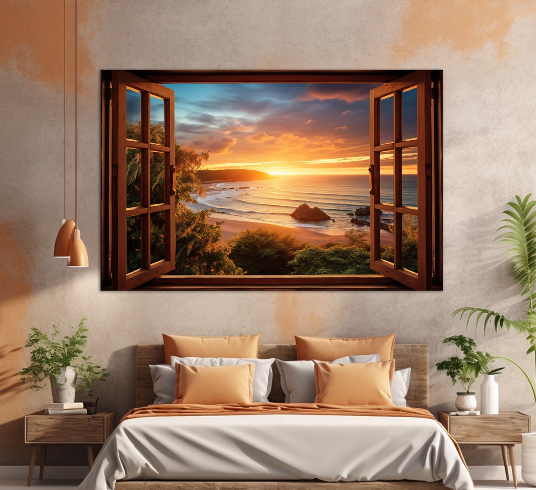 Window to Scenic Beach Sunset Canvas Print, Open Window Wall Art, Beach ...