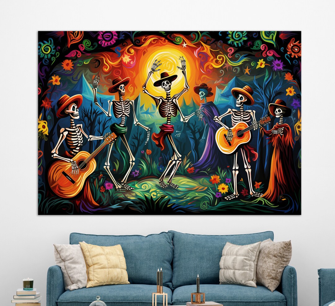 Day of the Dead Wall Art, Mexican Painting, Skeleton Playing Guitar ...
