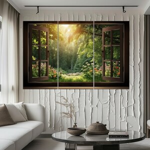 Window to Forest Glade With Flowers Canvas Print, Forest Wall Art, Faux ...
