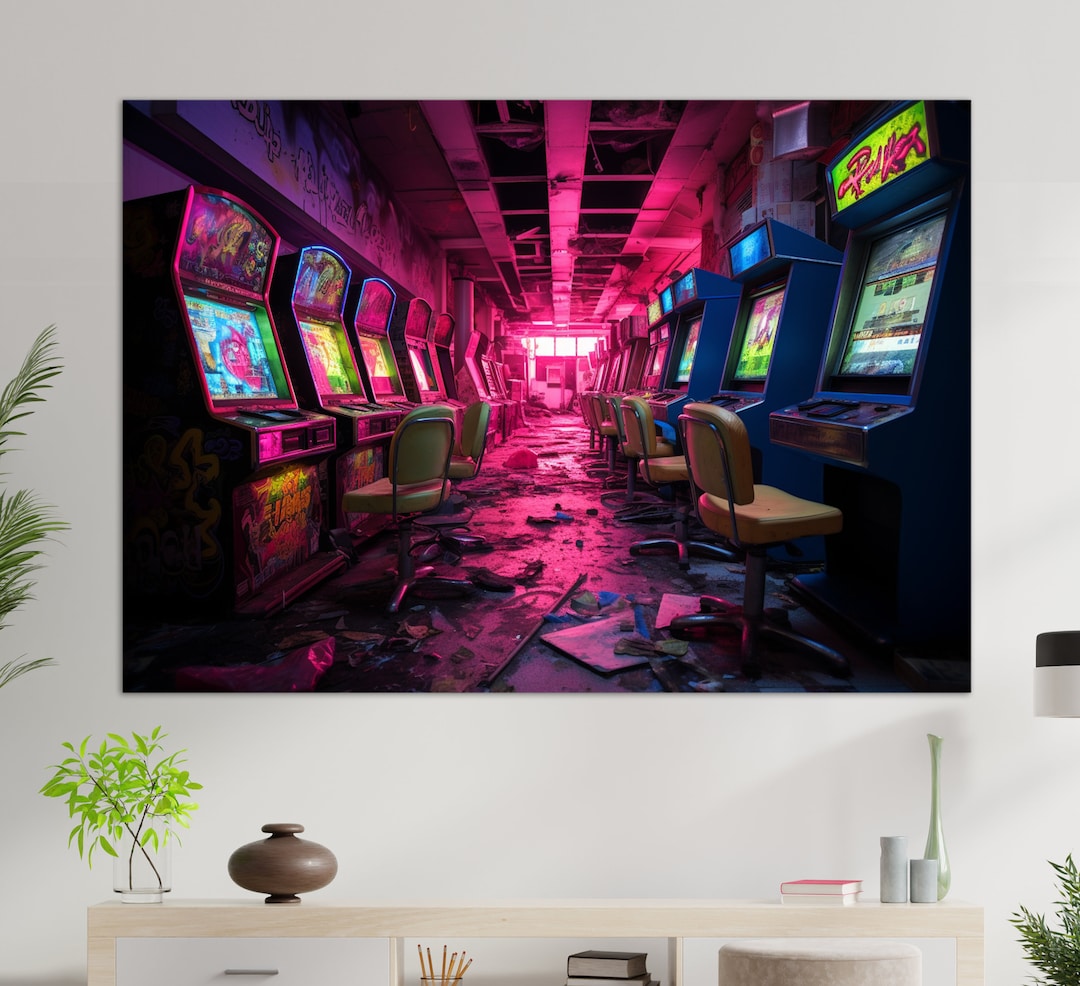 Arcade Wall Art, Abandoned Game Room Canvas Print, Neon Arcade Painting ...