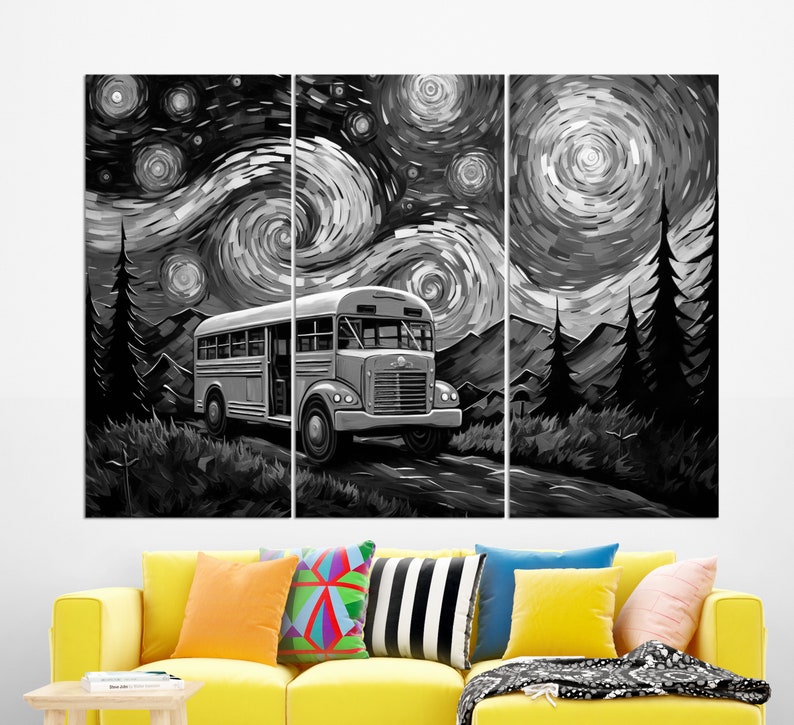 School Bus Canvas Print, School Wall Decor, Van Gogh Style Painting ...