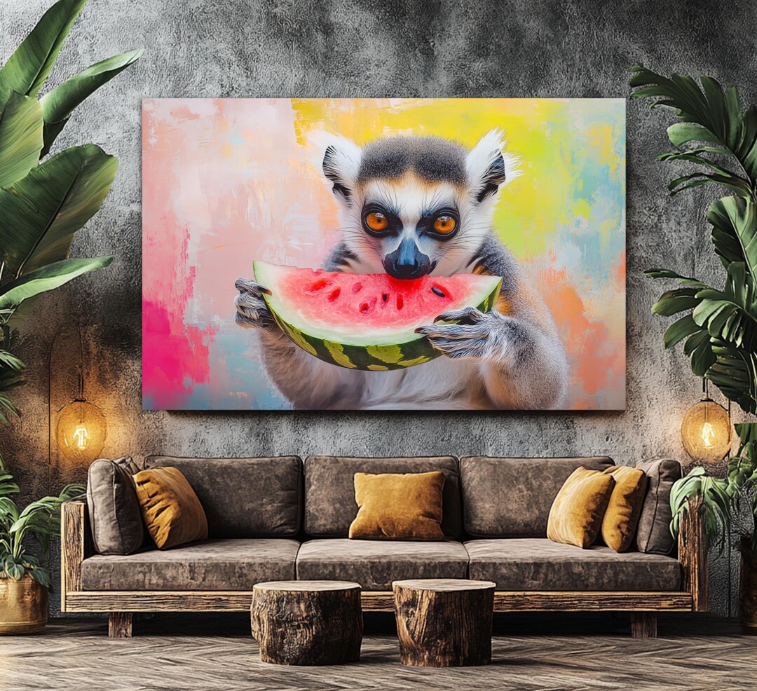 Funny Lemur Eating Watermelon Canvas Print, Abstract Lemur Wall Art ...