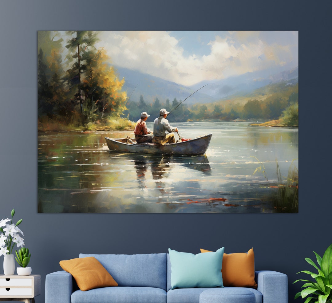 Fishing Boat on the Lake Painting, Fishing Wall Art, Fishing Canvas ...