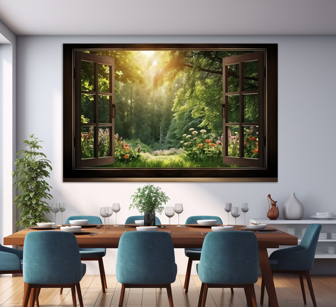 Window to Forest Glade With Flowers Canvas Print, Forest Wall Art, Faux ...