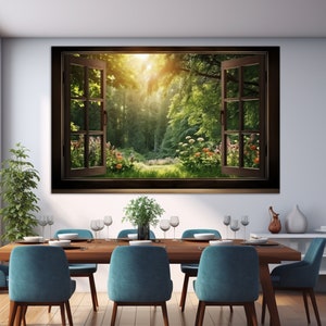 Window to Forest Glade With Flowers Canvas Print, Forest Wall Art, Faux ...