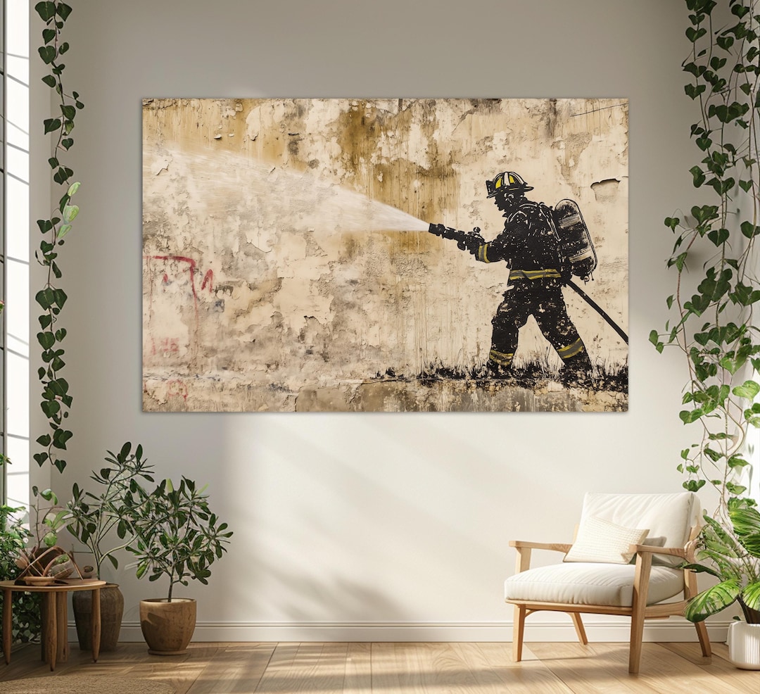 Firefighter Graffiti Canvas Print in Banksy Style, Firefighter Street ...