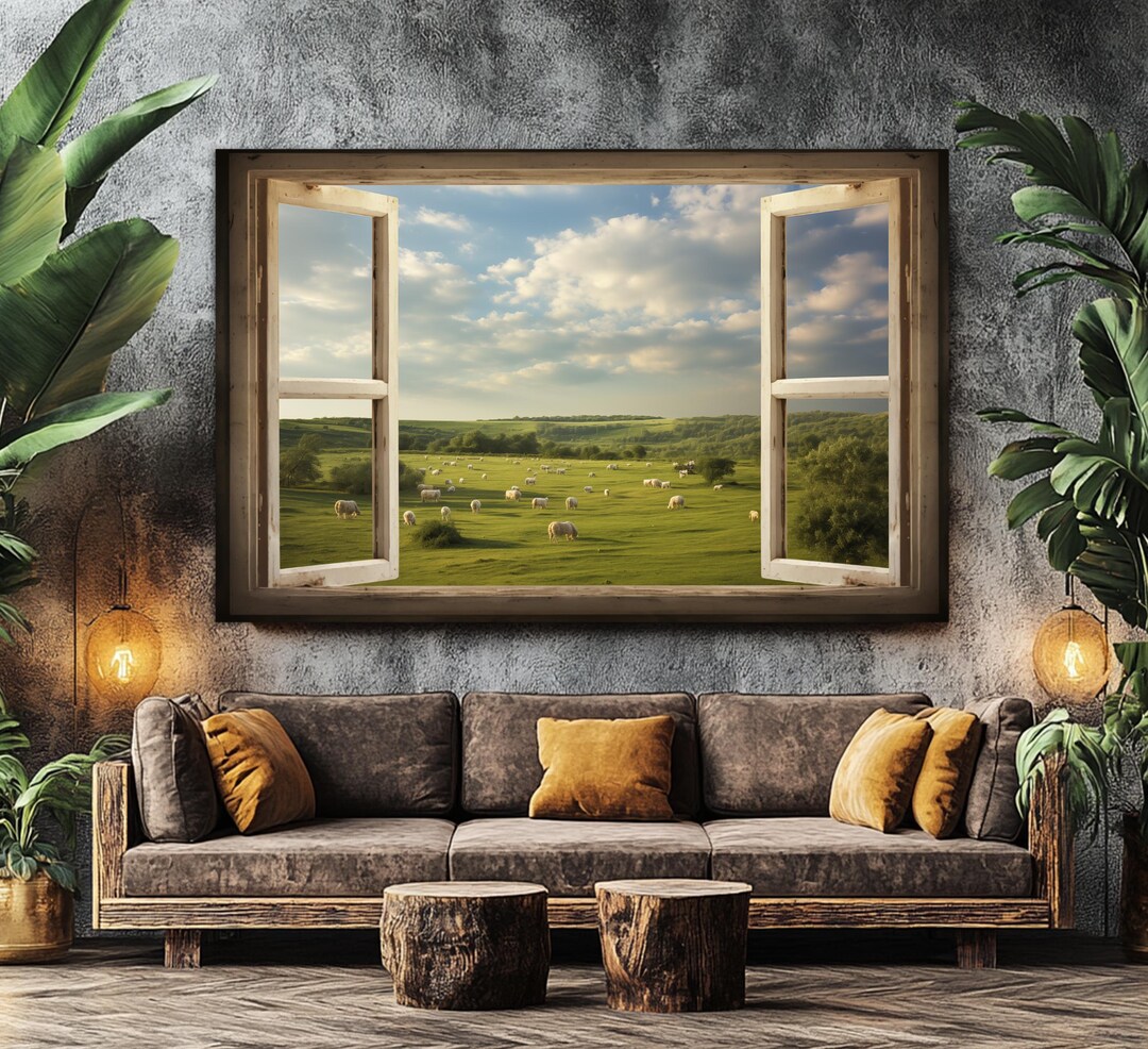 Window to Sheep Pasture Canvas Print, Farm Wall Art, Faux Window ...