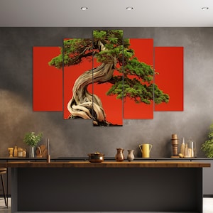 Red Bonsai Tree Canvas Print, Abstract Tree Painting, Luxury Wall Decor ...
