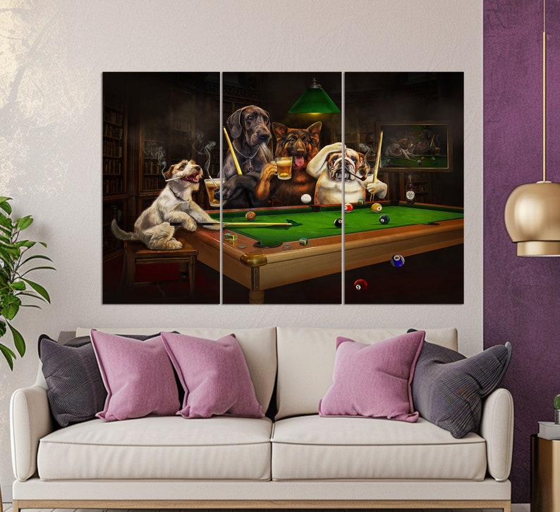 Dogs Playing Billiards Canvas Print, Billiard Room Decor, Billiards ...