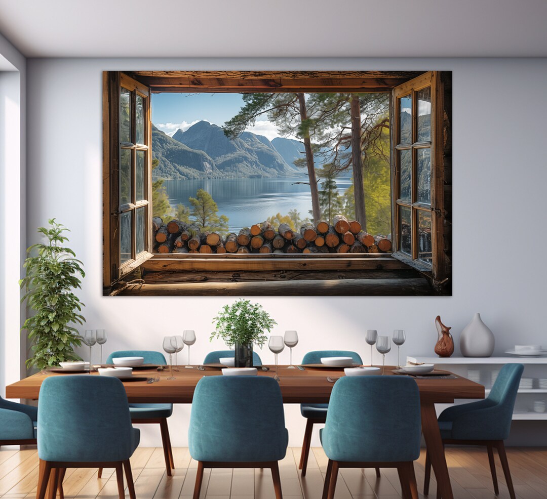 Open Window With Mountain Lake View Canvas Print, Modern Wall Art, Faux ...