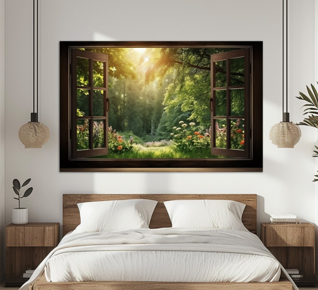 Window to Forest Glade With Flowers Canvas Print, Forest Wall Art, Faux ...