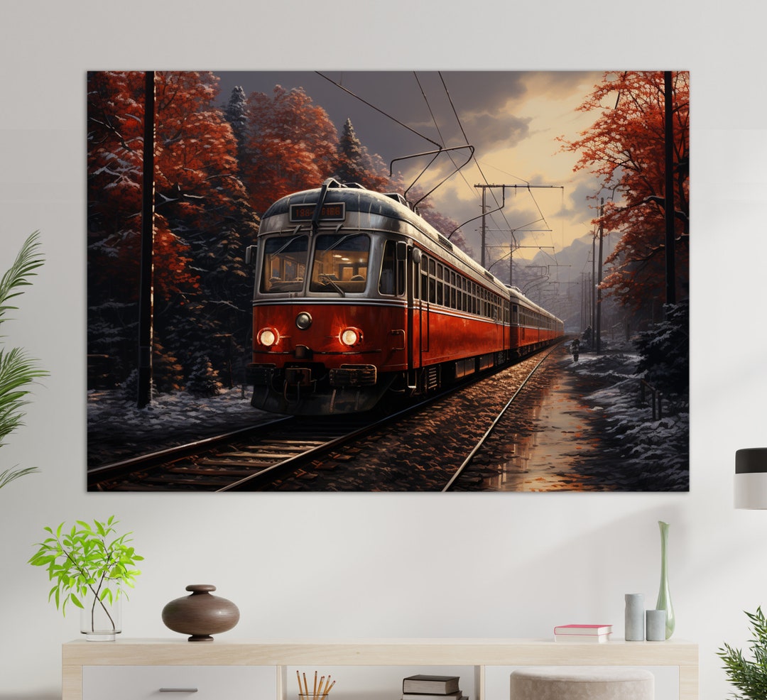 Red Train Canvas Print, Railway Wall Art, Railway Painting, Travel Wall ...