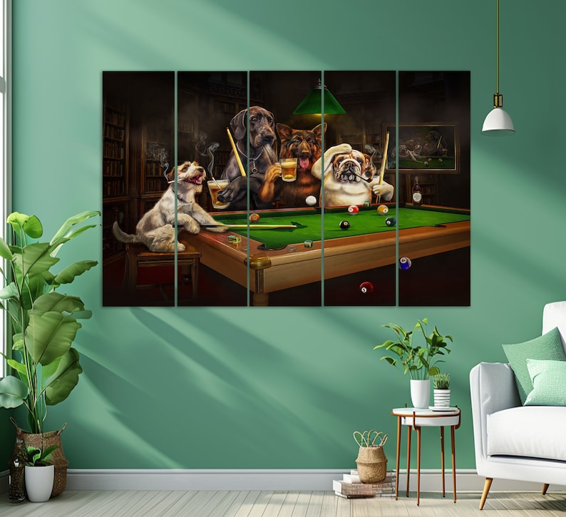 Dogs Playing Billiards Canvas Print, Billiard Room Decor, Billiards ...