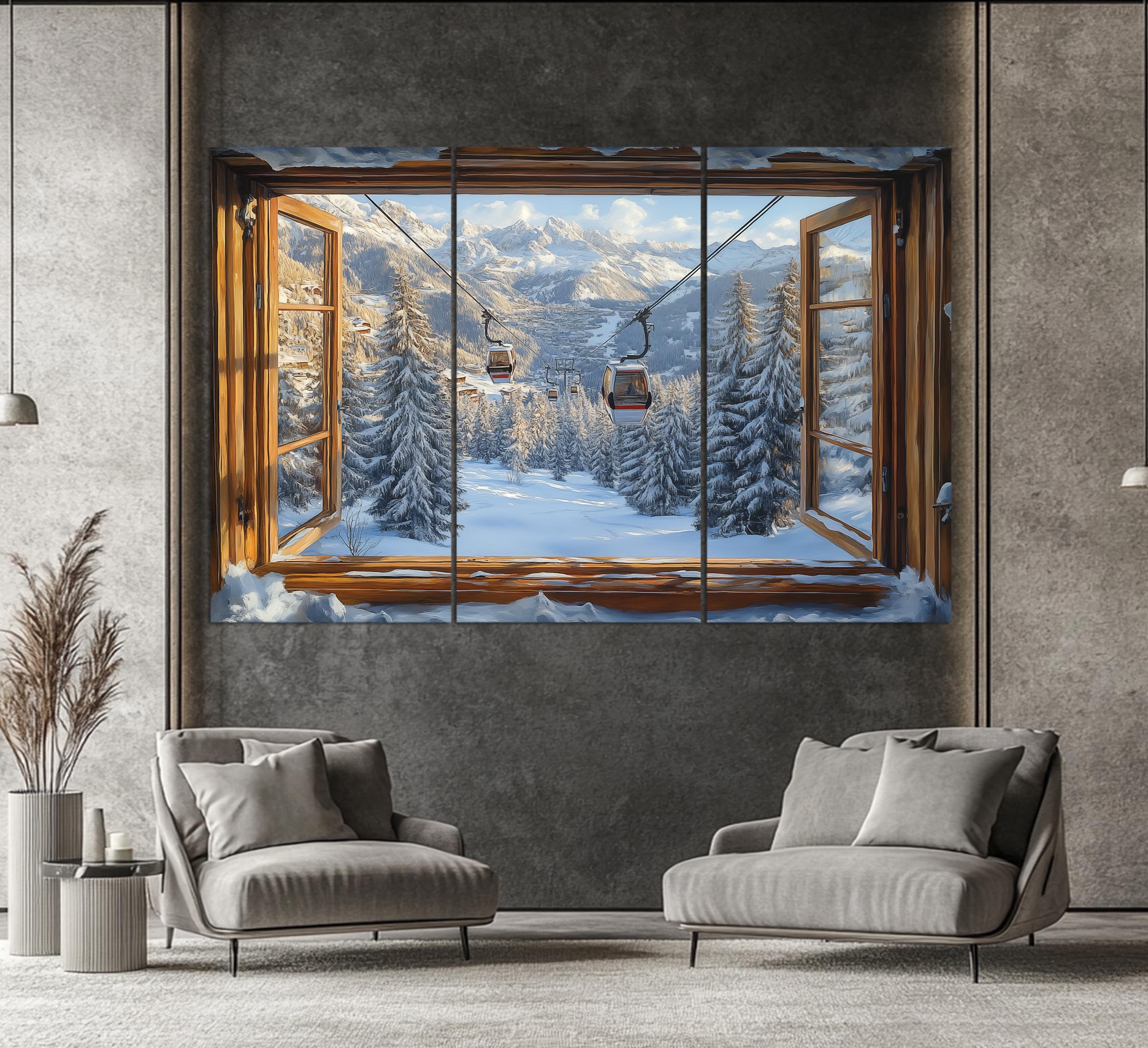Window to Winter Landscape With Ski Lift in Snowy Forest Canvas Print ...