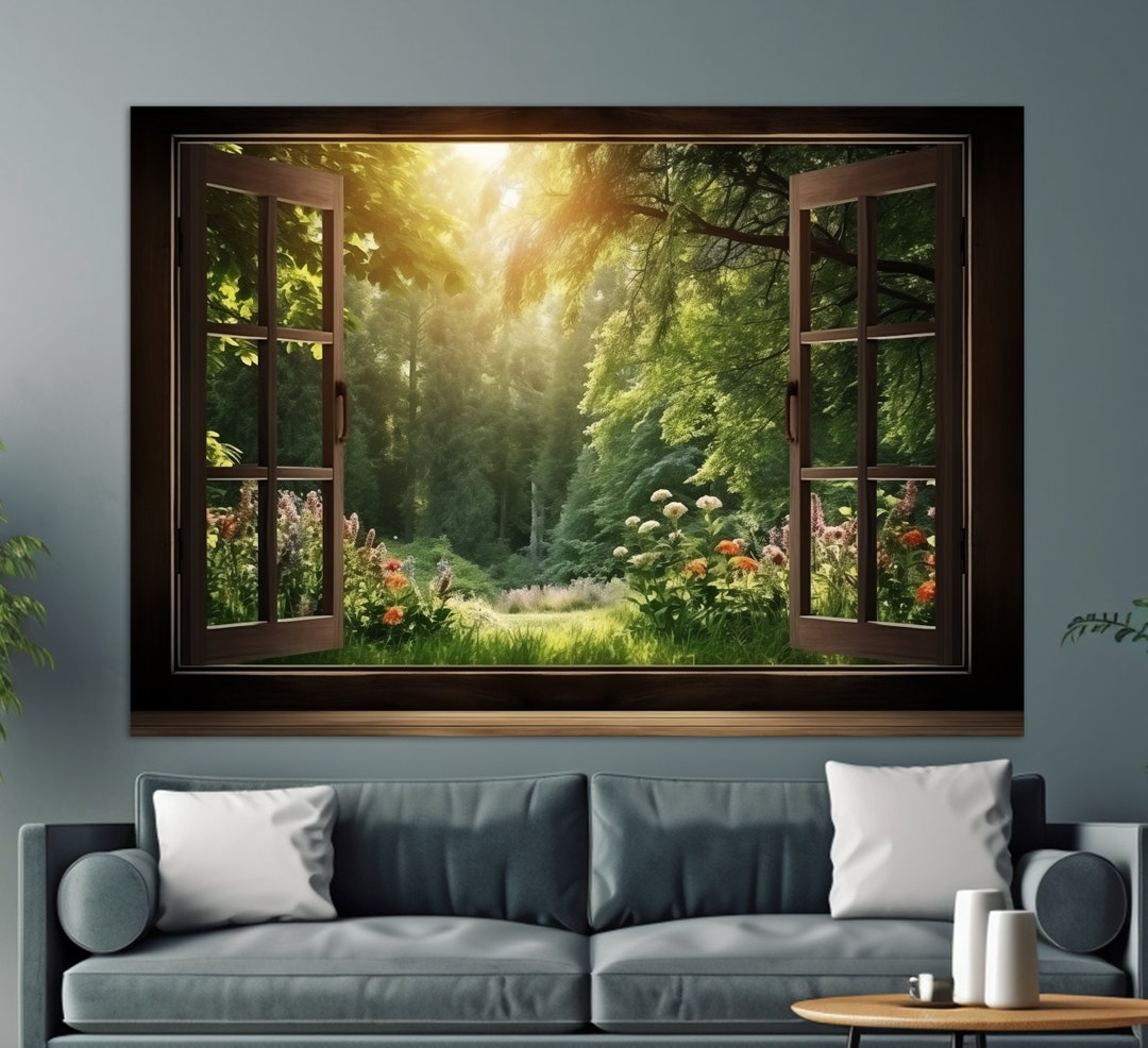 Window to Forest Glade With Flowers Canvas Print, Forest Wall Art, Faux ...