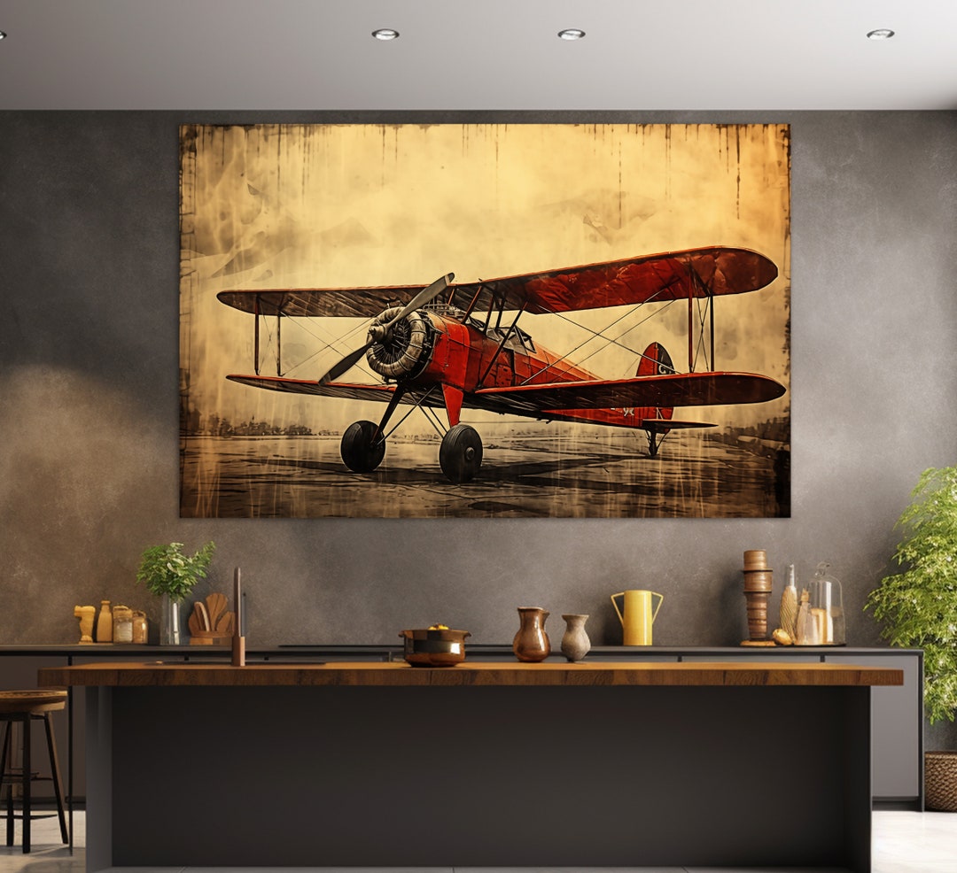 Vintage Biplane Canvas Print, Retro Airplane Painting, Aircraft Wall ...