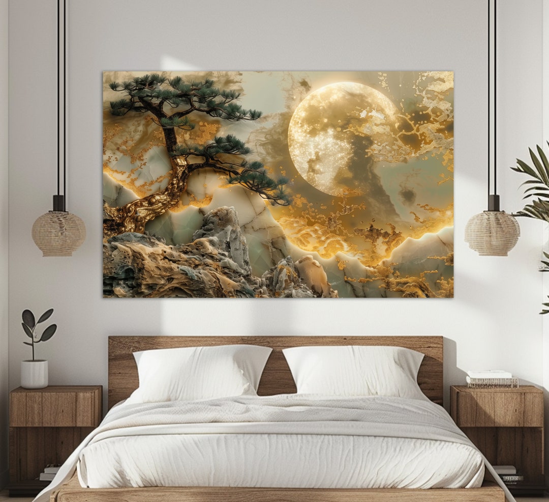 Golden Tree and Moon Abstract Painting Canvas Print, Luxury Wall Art ...