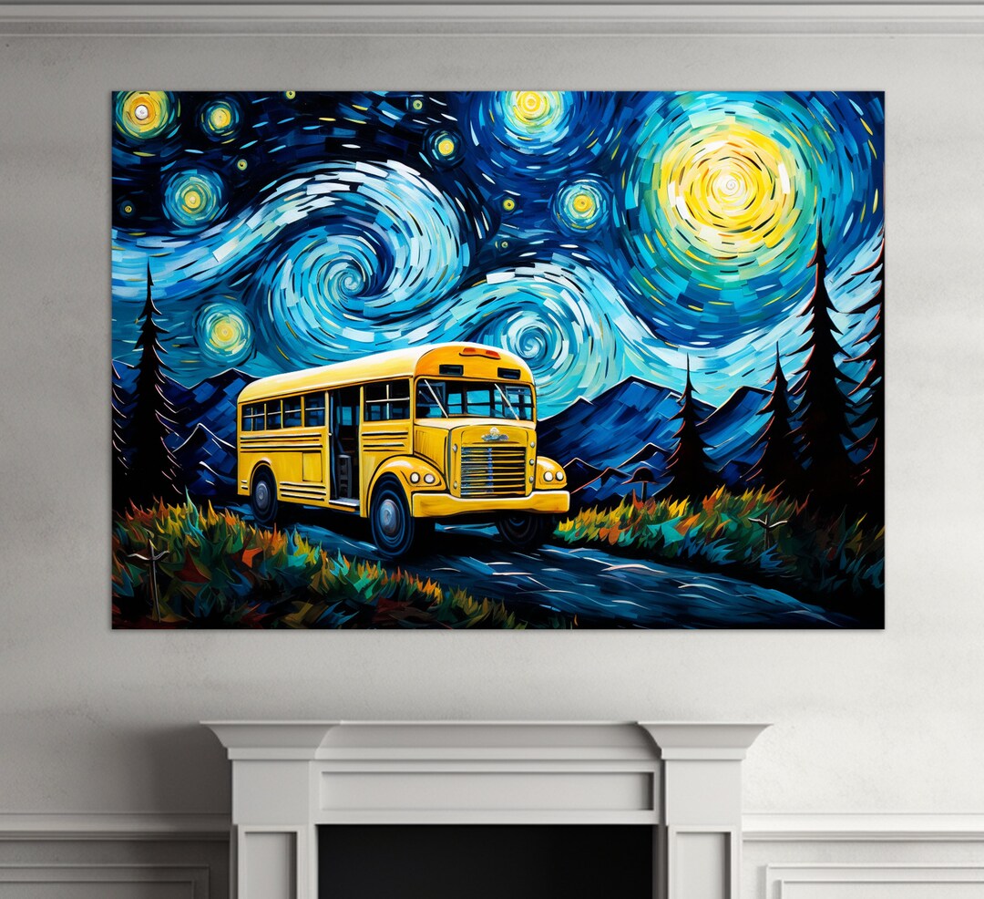 School Bus Canvas Print, School Wall Decor, Van Gogh Style Painting ...