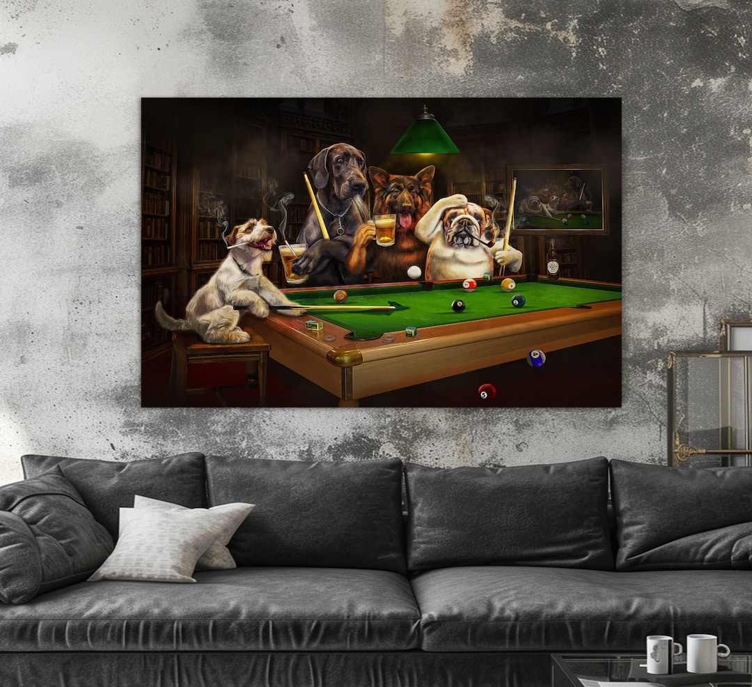 Dogs Playing Billiards Canvas Print, Billiard Room Decor, Billiards ...