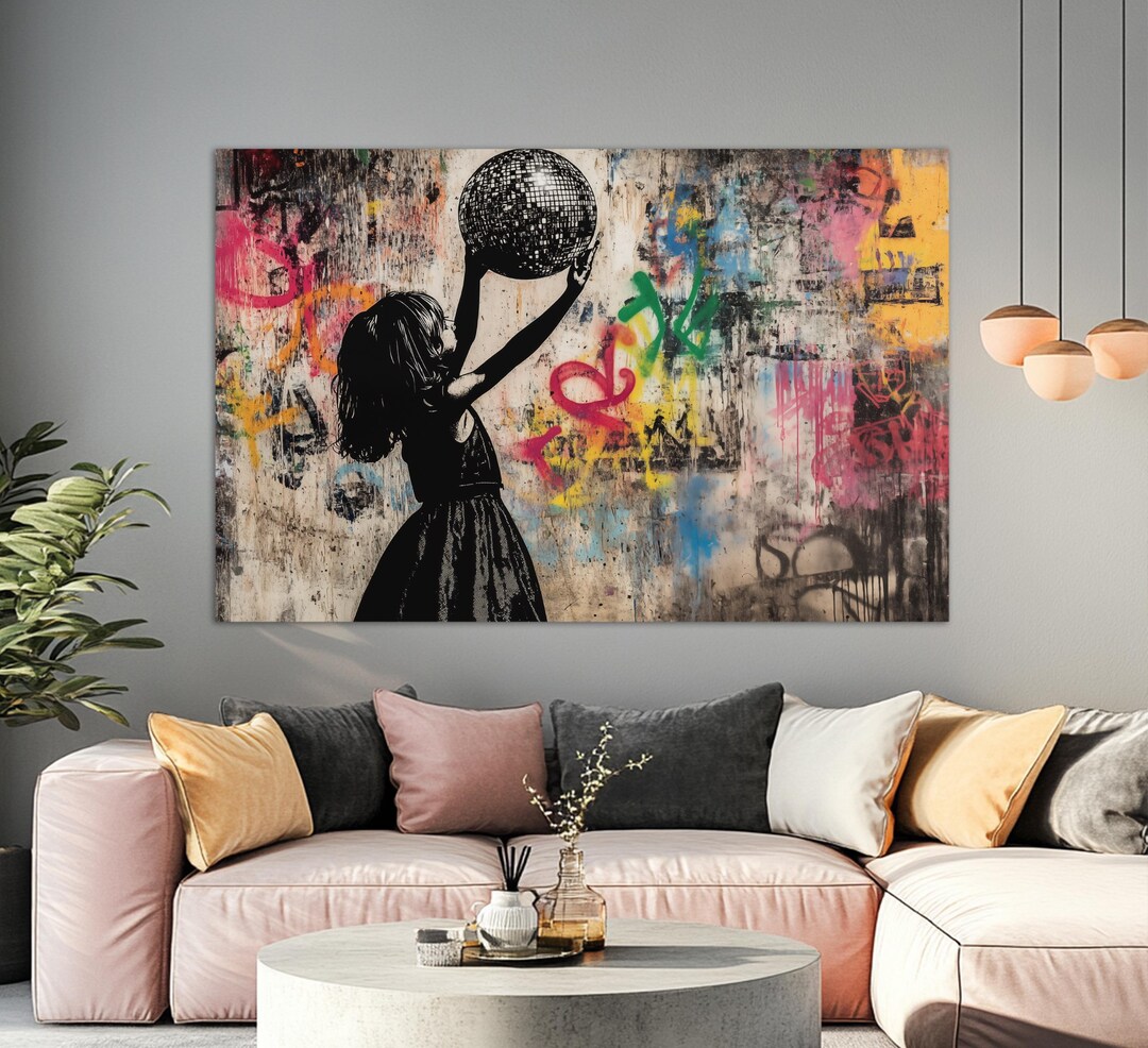 Girl With Disco Ball Graffiti Canvas Print, Urban Disco Wall Art ...