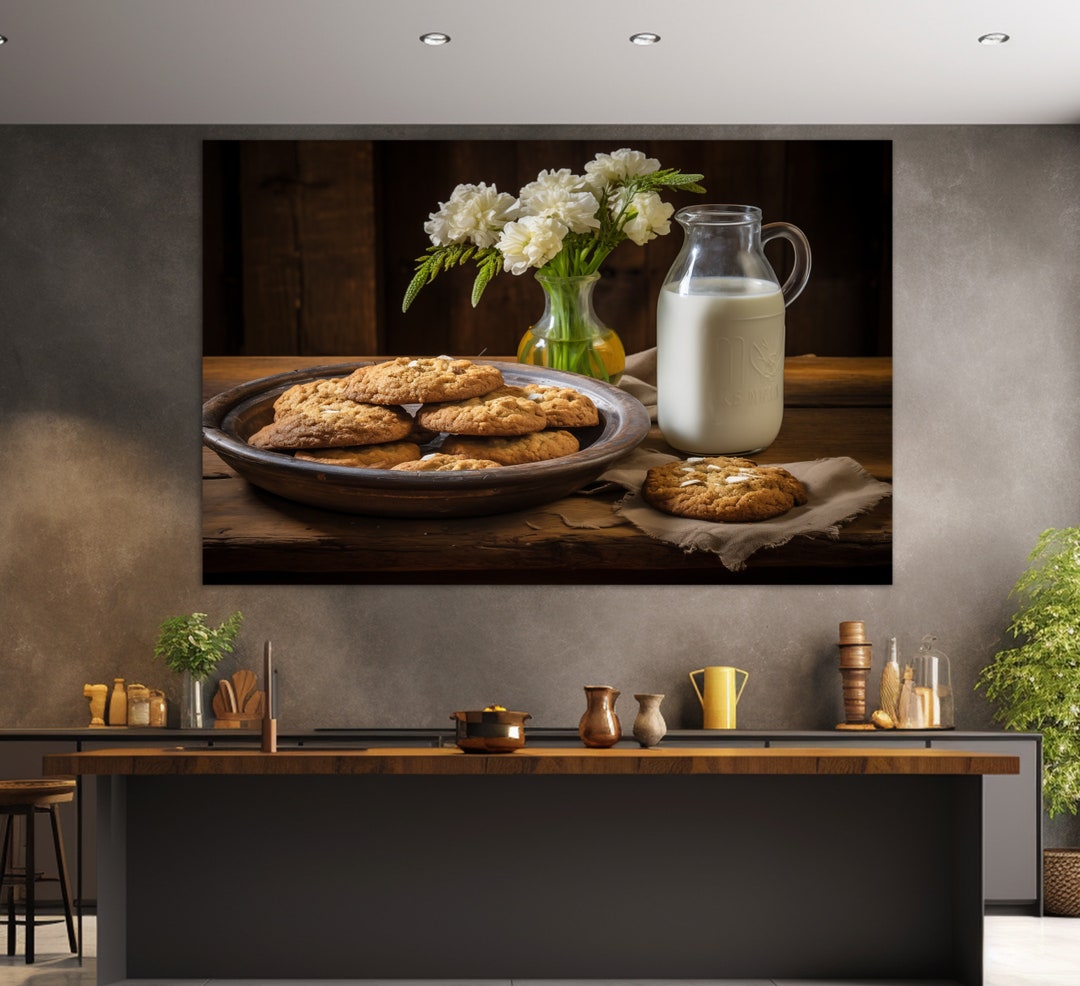 Oatmeal Cookies With Milk Canvas Print, Kitchen Wall Art, Cookies ...