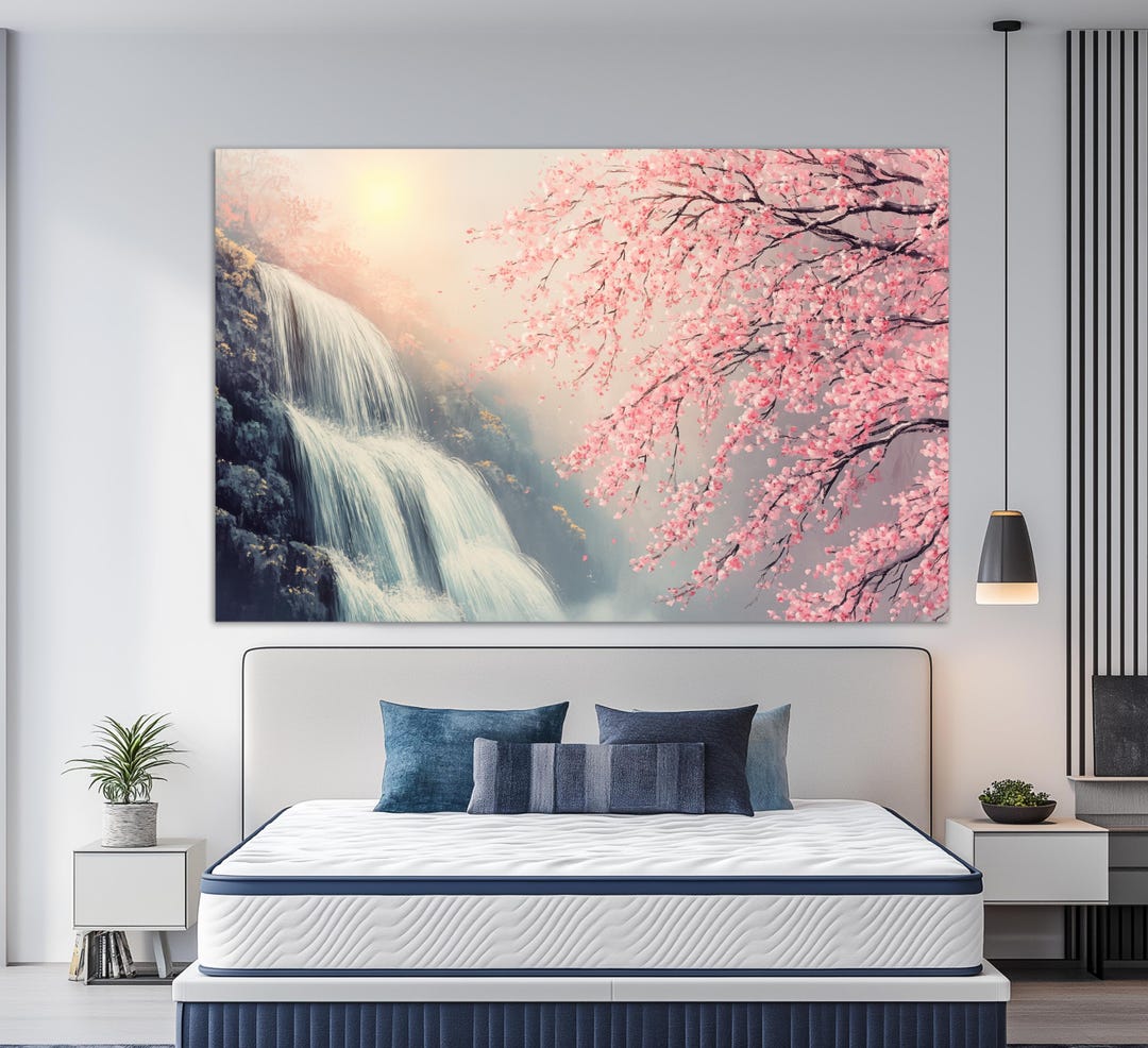 Waterfall and Sakura Tree Blossom Oil Painting Canvas PRINT, Japanese ...