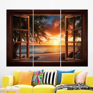 Window to Stunning Sunset on the Beach Canvas Print, Open Window Wall ...