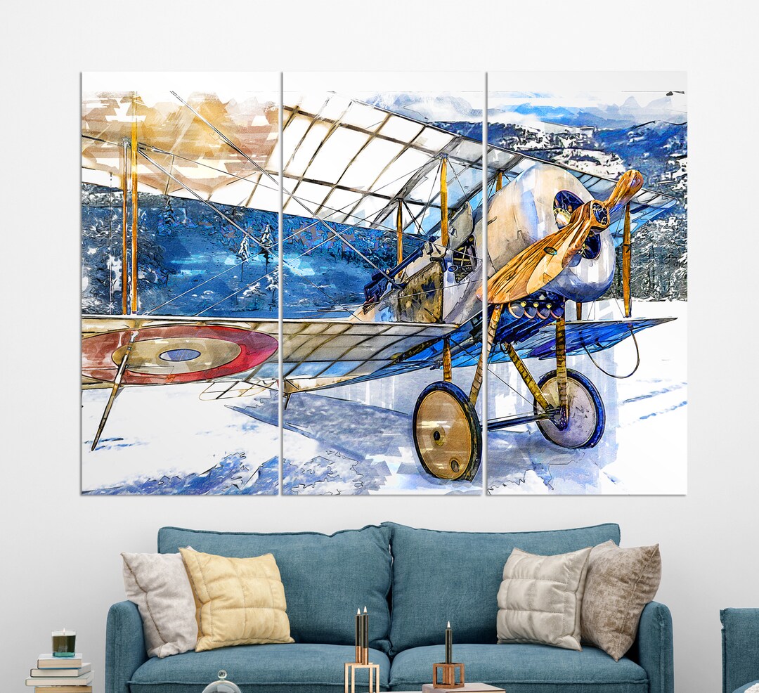 Vintage Airplane Canvas Print, Bi-plane Painting, Aircraft Wall Art ...