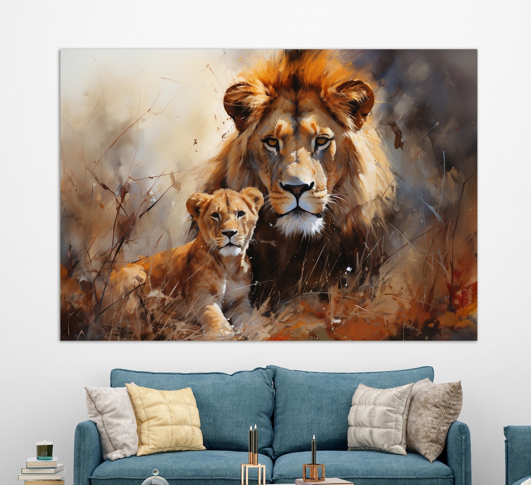 Lions Wall Art, Lion Win Lion Cub Canvas Print, Lion With Cub Painting ...