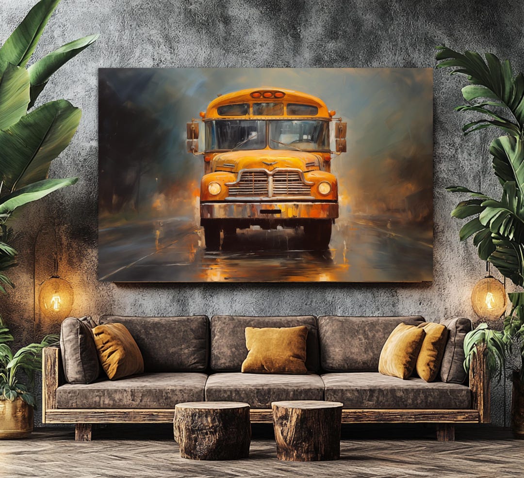 Retro School Bus Oil Painting Canvas Print, Vintage School Wall Art ...