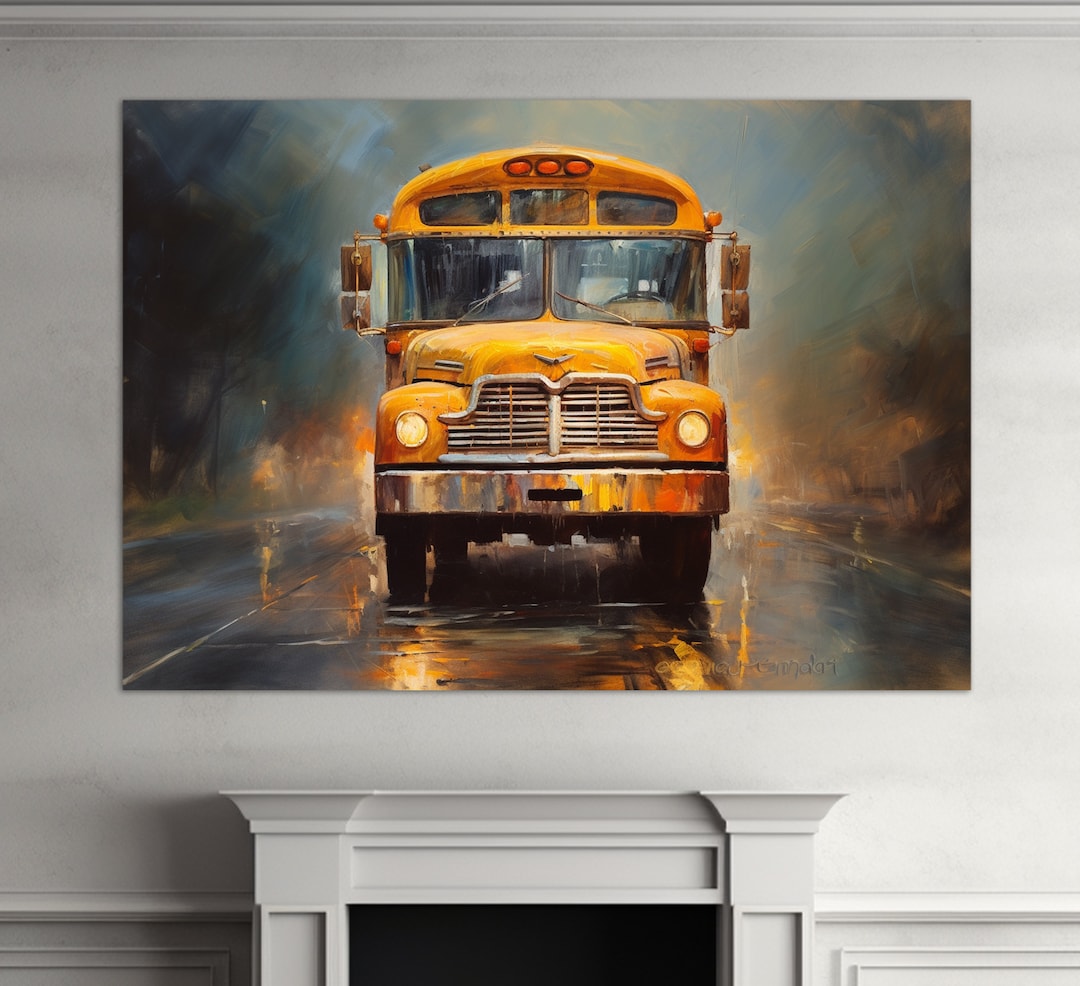 Retro School Bus Oil Painting Canvas Print, Vintage School Wall Art ...