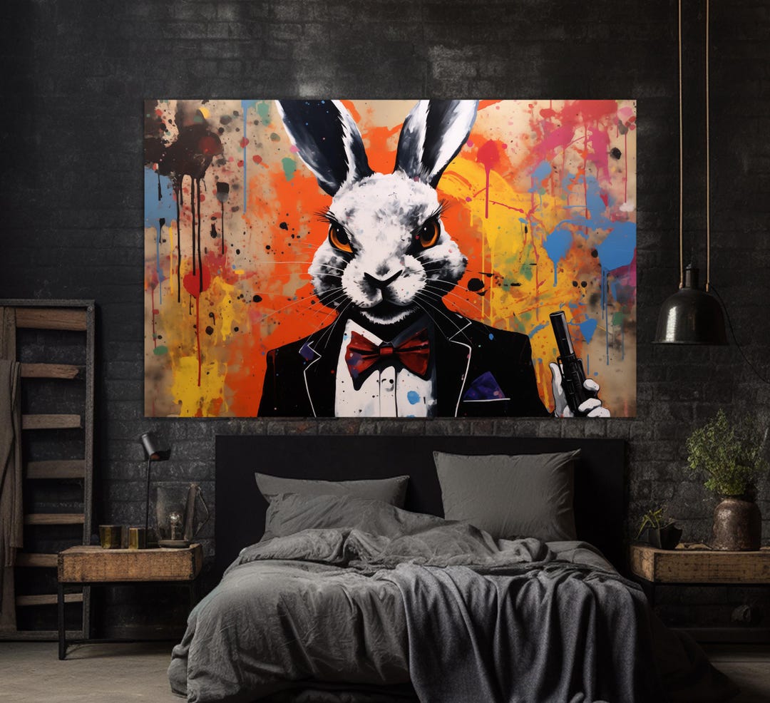 Gangster Rabbit Canvas Print, Funny Criminal Rabbit in Suit Painting ...