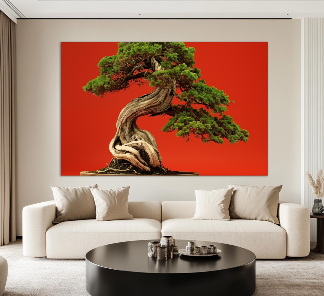 Red Bonsai Tree Canvas Print, Abstract Tree Painting, Luxury Wall Decor ...