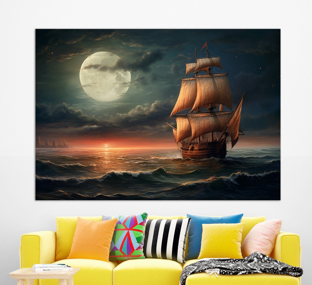 Sailboat Under the Moon Canvas Print, Sailing Wall Art, Sailing Vessel ...