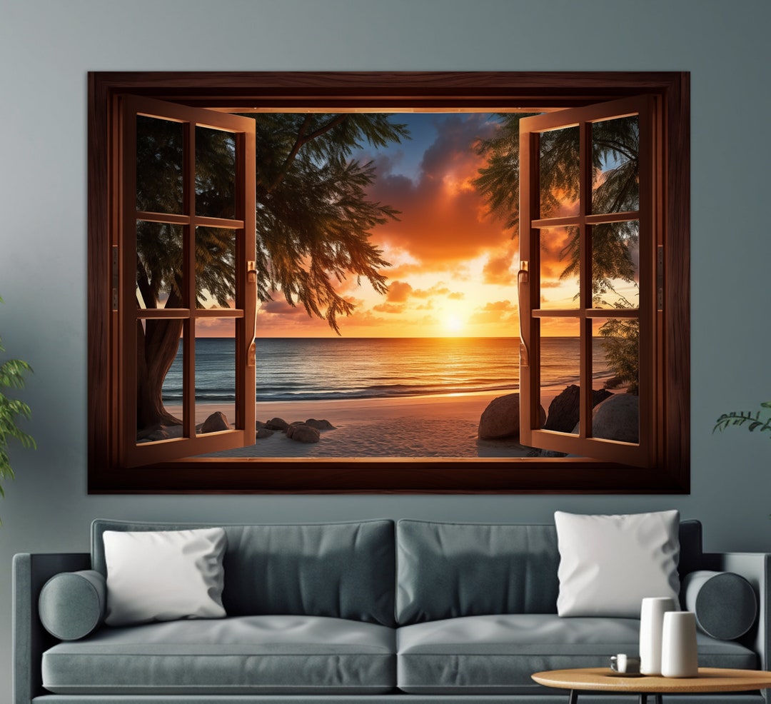 Window to Stunning Sunset on the Beach Canvas Print, Open Window Wall ...