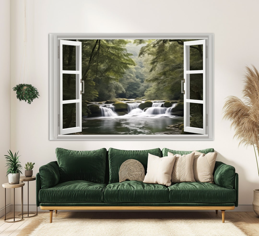 Window to Forest Waterfall Canvas Print, Modern Wall Decor, Faux Window ...