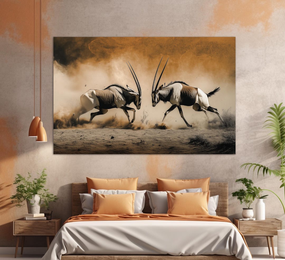 Antelopes Fight Canvas Print, Animals Wall Art, Oryxes Poster, Oryx ...