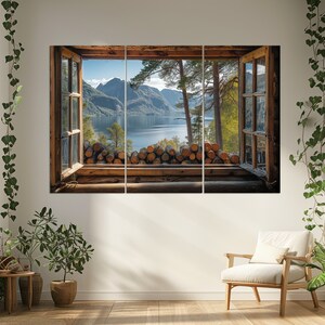 Open Window With Mountain Lake View Canvas Print, Modern Wall Art, Faux ...